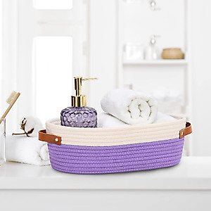 HLWDFLZ Bathroom Countertop Organizer Basket, Cotton Rope Woven Storage Basket Toilet Paper Decorative Basket for Bathroom, Bedroom, Living Room, Entryway 13"x6.3"x4.3" (Off White/Purple)
