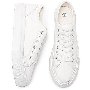 Women's Platform White Sneakers Low Top Canvas Sneakers Lace-up Shoes Fashion Classic Casual Sneakers(White, US11)