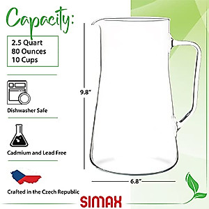Simax Large Glass Pitcher With Spout: 2.5 Qt Glass Pitchers With Handle - Borosilicate Glass Sangria Pitcher - Big Water Pitcher Glass - Angled Cylinder Design Sangria Pitchers -80 Oz Cocktail Pitcher
