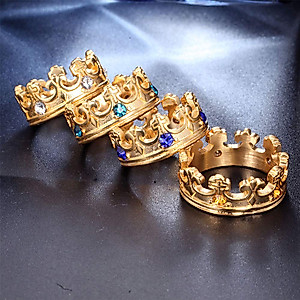 OAKKY Men's Women's Stainless Steel Retro Royal King Crown Cross Inlaid Domineering Ring Gold with White Gemstone Size 9