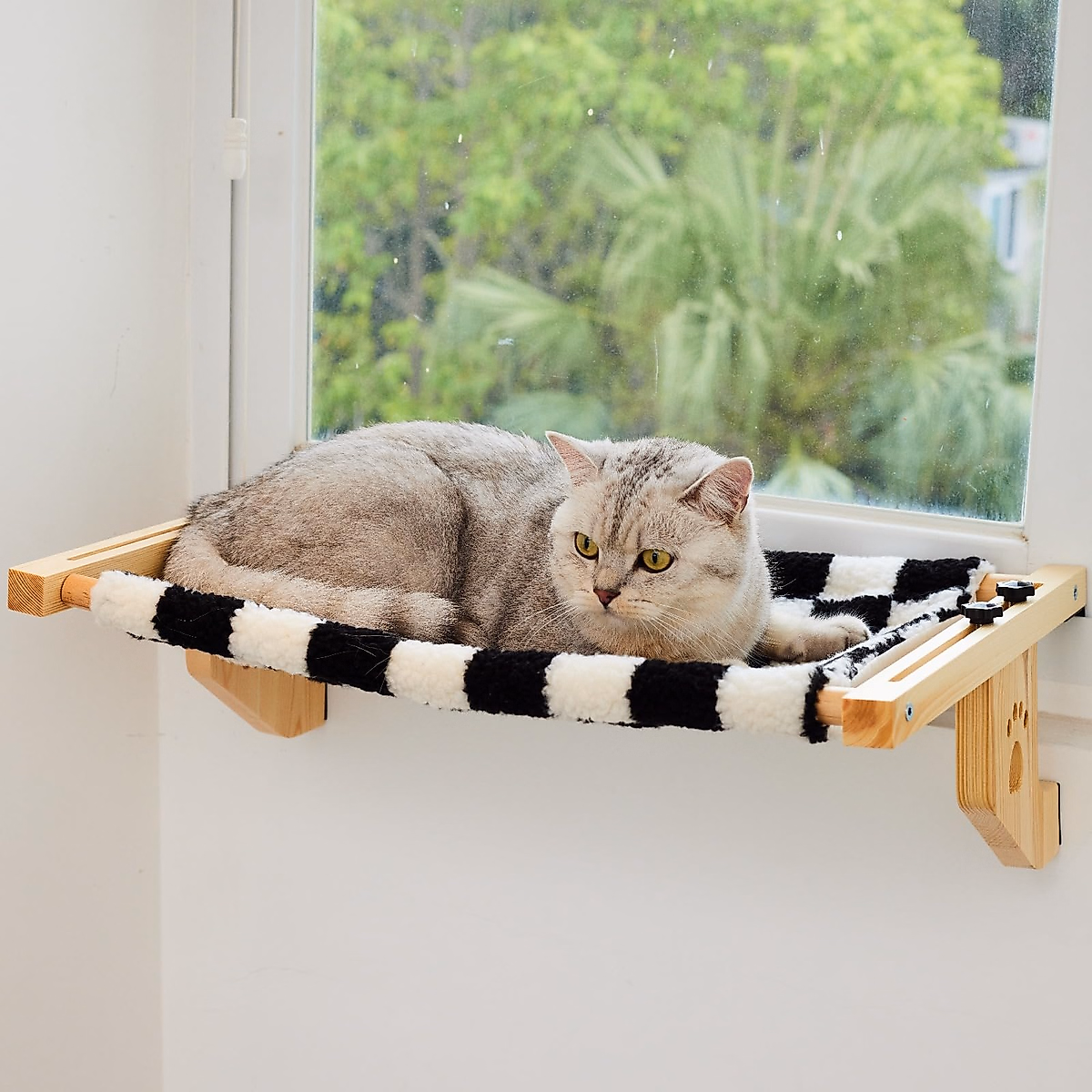JTL-ADMCW Cat Sill Window Perch Hammock Sturdy Solid Wood Frame for Large Cats Easy to Assemble&Adjust Bed Windowsill, Bedside, Drawer and Cabinet(Chessboard Plush) Black/White