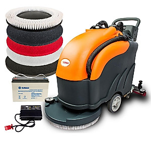 SUNMAX Walk-behind Floor Scrubber Dryer with 22" Scrub Path, 14.5-Gal Recovery Tank, Includes Heavy Duty Brush, Red, Black and White Pads, 30000 Sqft/h