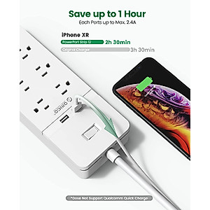 Power Strip Surge Protector, ORICO 25FT Extension Cord with USB Ports, 8 Outlet & 2 USB Flat Plug Power Strip, 15A Circuit Breaker(1850W/15A), Wall Mount for Home, Office, Hotel, ETL Listed-White