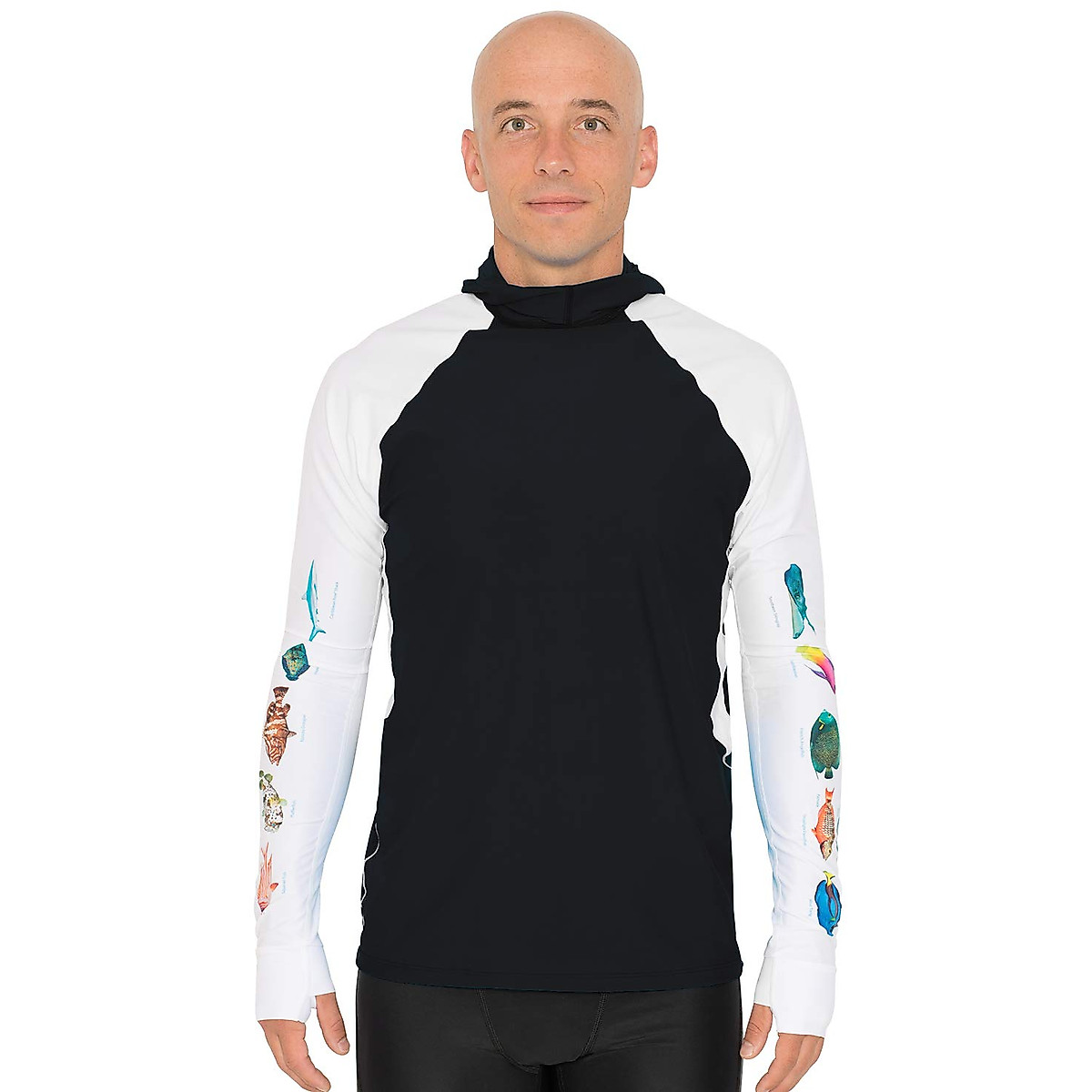 Tuga Men's Snorkel Hooded Top UPF 50+, Caribbean Fish, USA Made, Black, Large