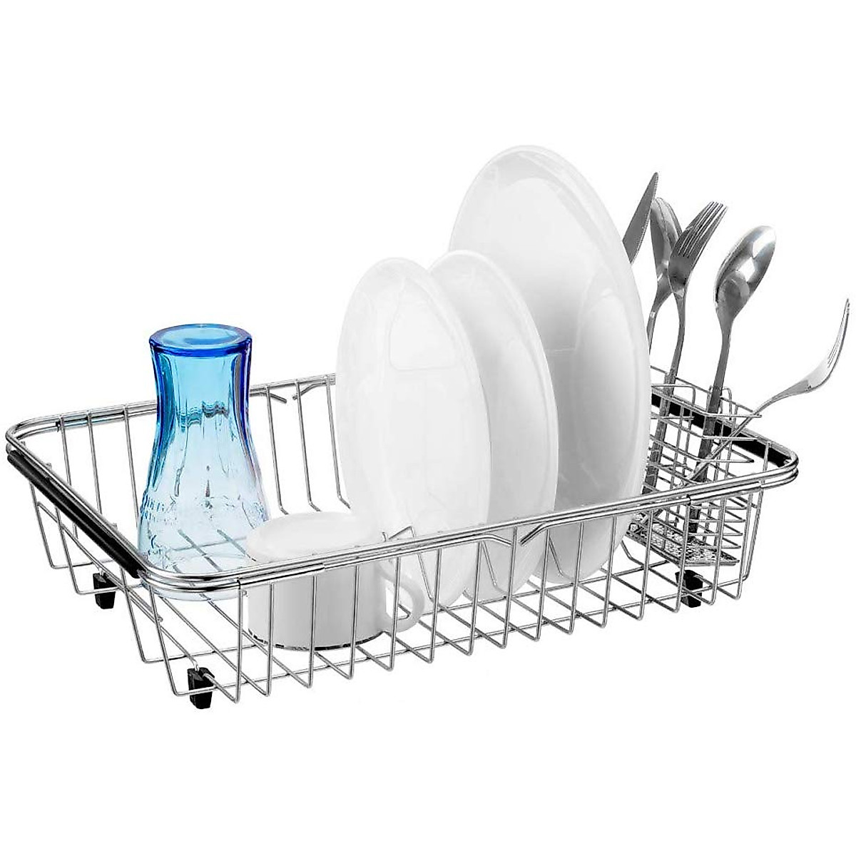 SANNO Expandable Dish Drying Rack with 4 Division Utensil Silverware Cutlery Holder,Large Dish Drainer Drain Expandable Dish Rack Shelf Dish Rack in Sink or Over Sink On Counter Stainless Steel