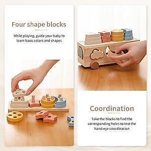 Macabaka 4 Games in 1 Montessori Shape Sorter Toys Blocks Cart Educational Stacking Toys Set with 22 Montessori Toys Accessories Stacking Blocks Toys for Toddlers