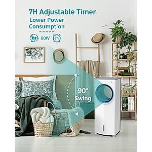 Evaporative Air Cooler, Bladeless Tower Fan & Humidifier with 3 Modes, Portable Swamp Fan with Oscillation, 3 Speeds, 1 Gallon Water Tank, Remote Control, Timer, for Home Indoor