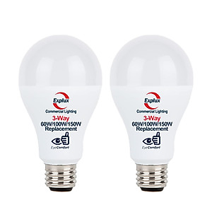 Explux Flicker-Free LED A21 3-Way Light Bulb with EyeComfort Technology, 60W/100W/150W Equivalent, 800/1700/2450 Lumens, 5000K Daylight, 2-Pack