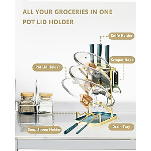 Pot Lid Organizer Rack, Pot Lid Holder for Cabinet and Counter, Kitchen Lid and Spoon Holder with Drip Tray (Gold)