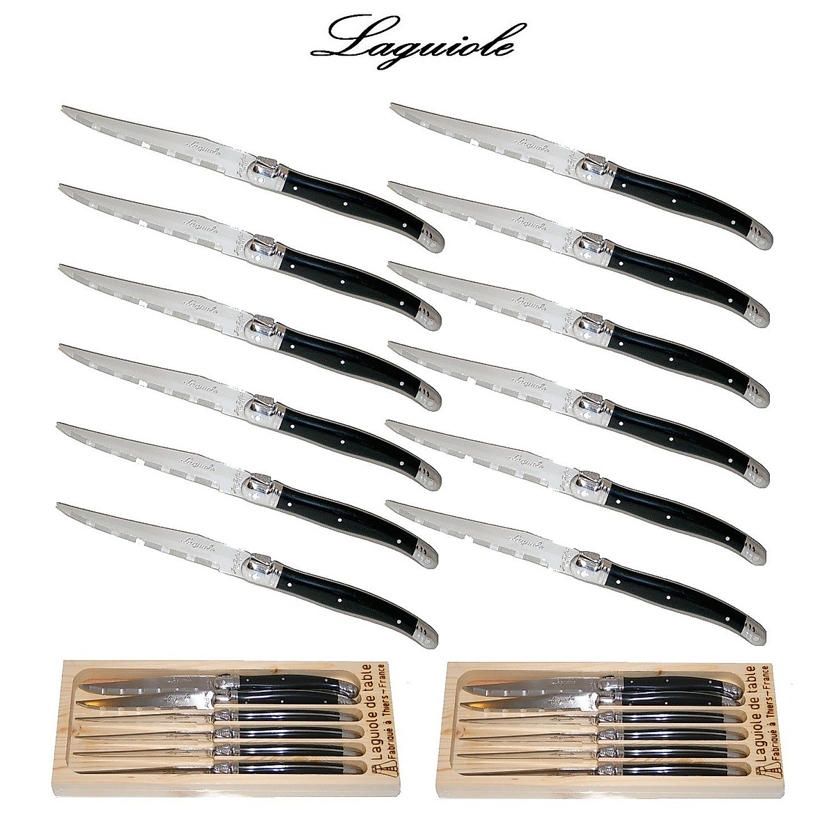 Laguiole Jean Dubost Steak Knives 12 Piece of Set with Black Handle -Thiers France