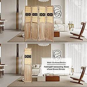 Babion 4 Panel Room Divider, Grass Willow Hand-Woven Screen, Room Dividers and Folding Privacy Screens, Modern Wall Dividers Room Bedroom Decoration, Dividers for Home Office -Brown and Black