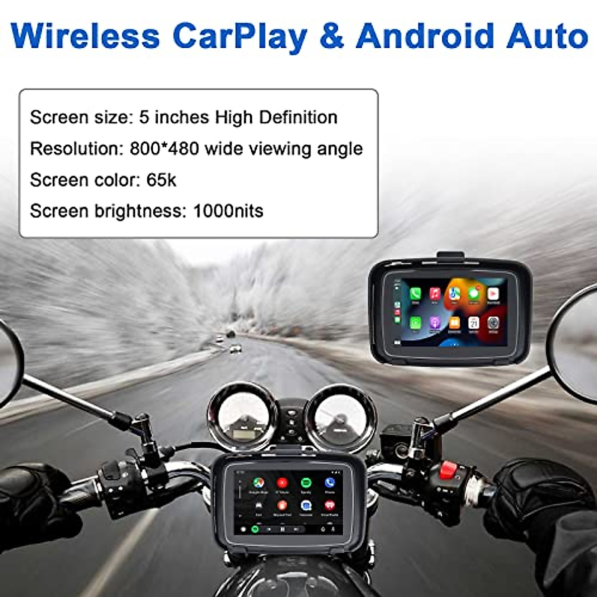 IYING Wireless CarPlay Wireless Android Auto Touchscreen for Motorcycle, Waterproof 5 Inch Touch Screen Device GPS Navigation via CarPlay/Android Auto for Motorbike, Dual Bluetooth