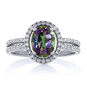 Gem Stone King 925 Sterling Silver 8X6MM Oval Gemstone Birthstone Split Shank Double Halo Engagement Ring | Wedding Band Anniversary Promise Ring For Women