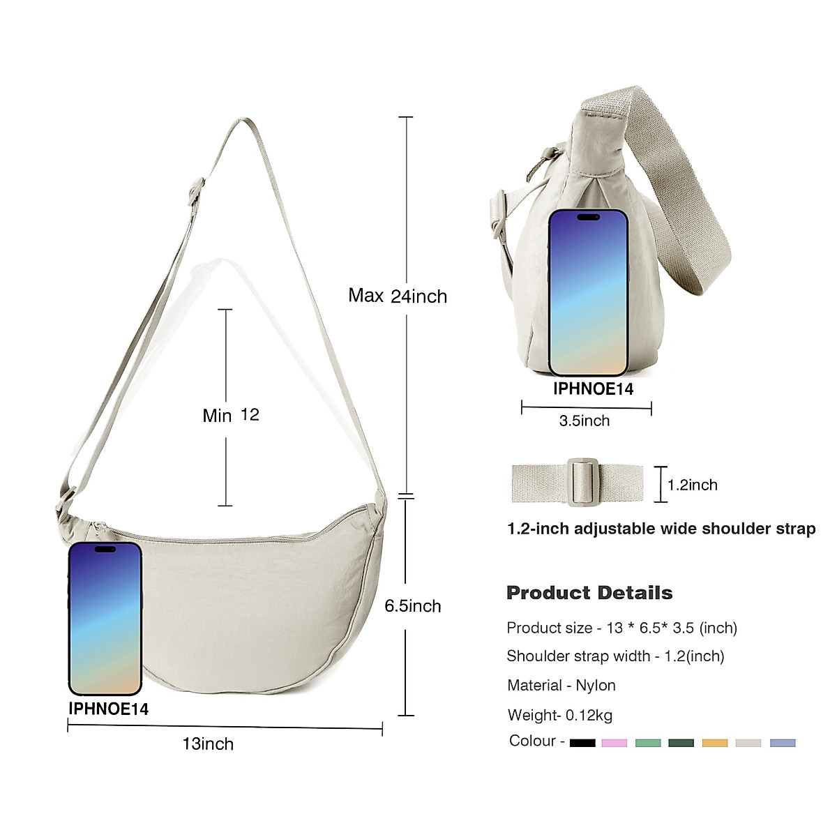 Nylon Crescent Crossbody Bag for Women Men Fanny Pack Crossbody Bag Dumpling Lightweight Travel Sling Bag (02-beige)