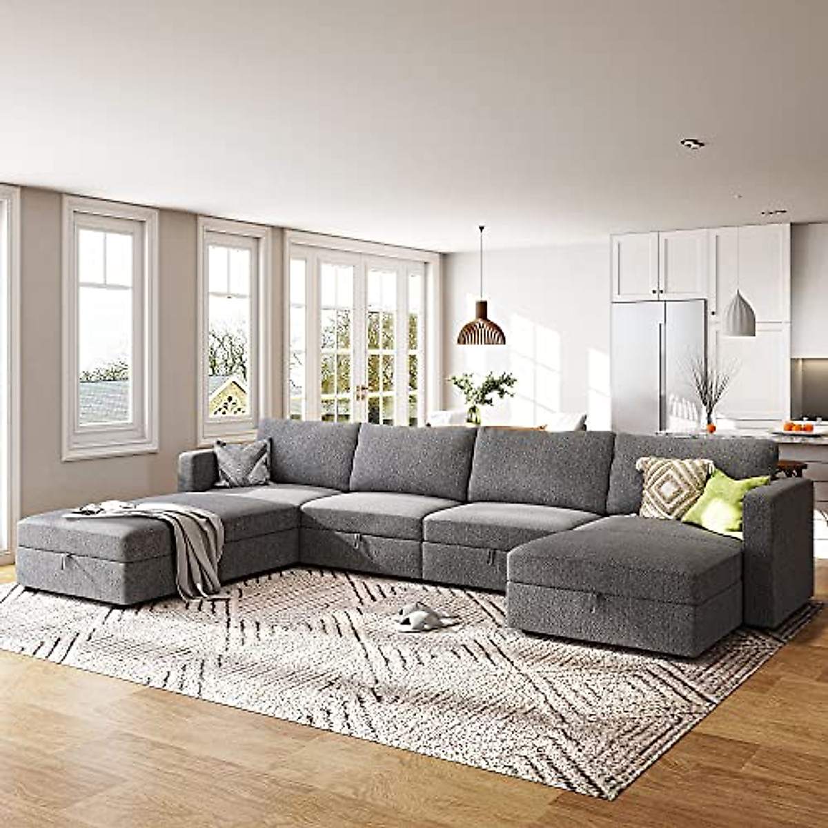HONBAY 149'' Modular Sectional Sofa U Shaped Modular Couch with Storage Seats 7 Pieces Modular Sofa Deep Seat Modular Sectional Couch with Wide Chaise, Light Grey