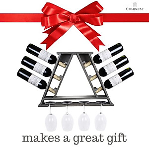 Charmont Wooden Rustic Wine Rack - Floating Triangle Wall Mounted Wine & Glass Holder - Perfect Wall Home Decor Bar, Kitchen Storage, Dining Room, Wedding Gift (Grey Holds 6 Bottles & 4 Stemware Cups)