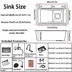 Ribanedy 31.5-inch Black-Grey Nano Kitchen Sink 304 Stainless Steel Waterfall Sink Single Bowl Workstation Kitchen Sink With Multifunctional Top Loading Flying Rain pull-out faucet