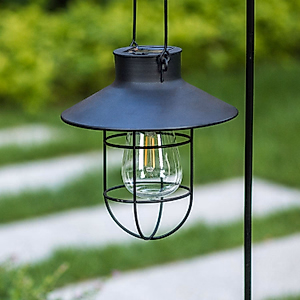 Hanging Solar Lights Lantern Lamp with Shepherd Hook,Metal Waterproof Edison Bulb Lights for Garden Outdoor Pathway (Black)