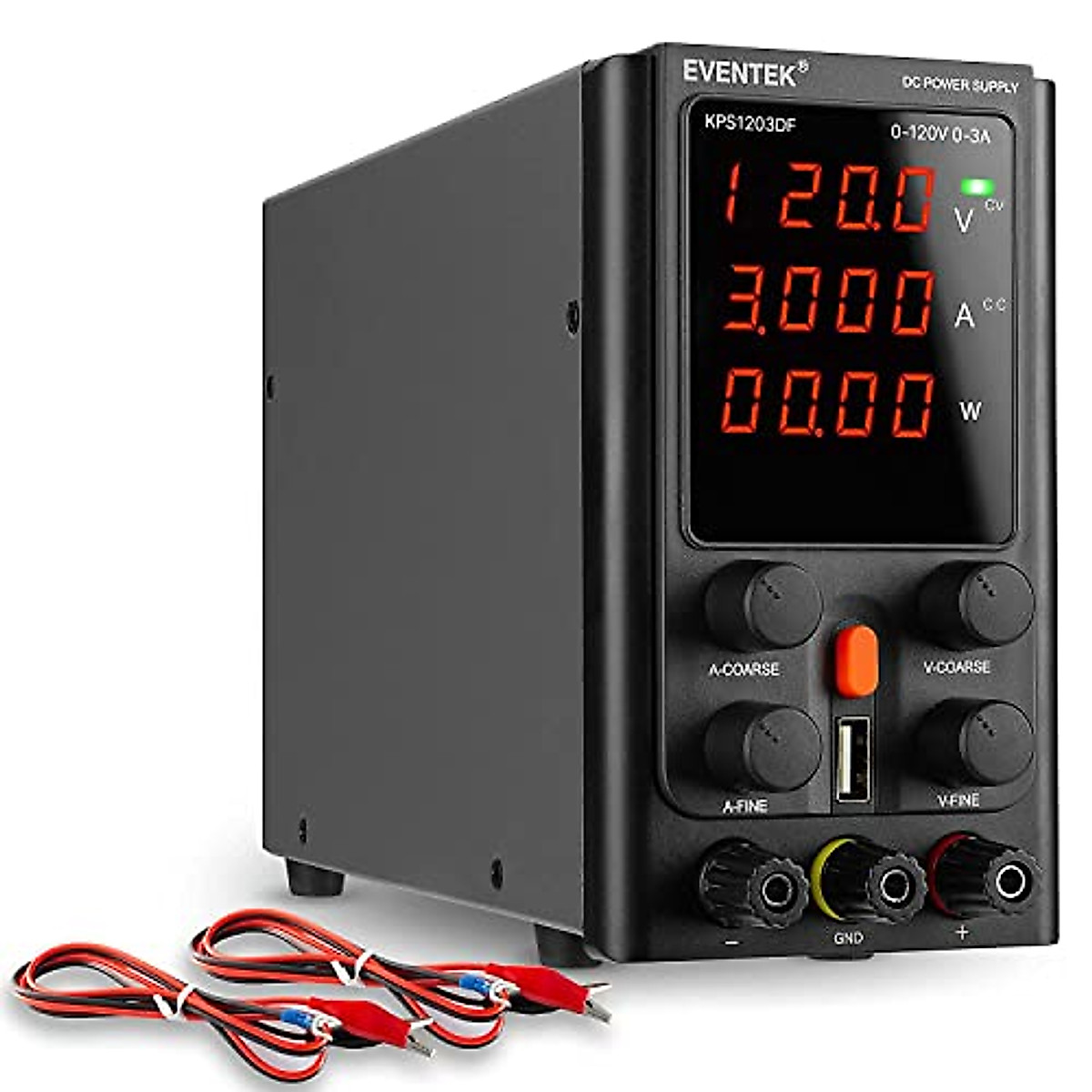 Eventek DC Power Supply Variable, 120V 3A Adjustable Switching Regulated DC Bench Linear Power Supply with 4-Digits LED Power Display 5V2A USB Output, Alligator Leads US Power Cord for Laboratory