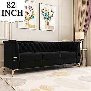 Modern Chesterfield Sofa, 82" Velvet Upholstered 3 Seater Couches with Removable Cushions, Mid-Century Modern Sofa Couch with Solid Wood Frame and Gold Legs for Living Room, Apartment, Office, Black