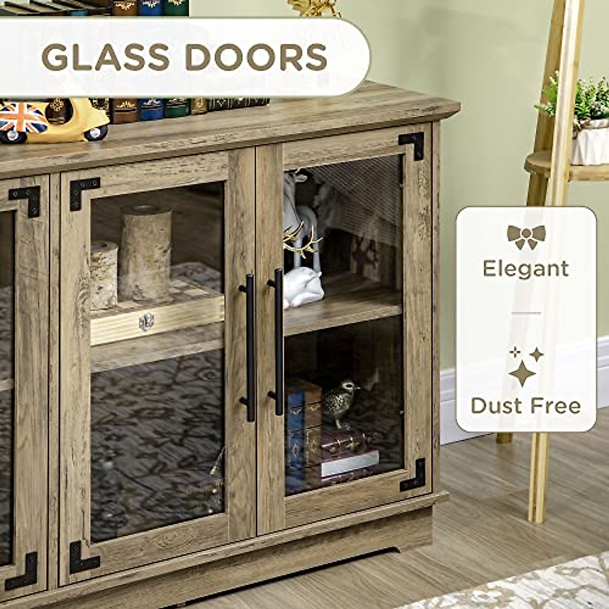 HOMCOM Farmhouse Sideboard, Buffet Cabinet, Coffee Bar Cabinet with 4 Glass Doors, Credenza, Distressed Grey