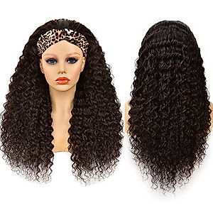 Headband Wig Human Hair Water Wave Headband Wigs for Black Women Glueless Curly Wave Wet and Wavy Headband Wigs Human Hair 10A None Lace Front Wigs Easy to Wear Wig 180% Density Natural Color 22inch
