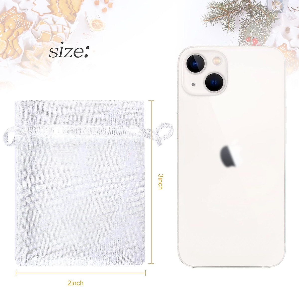 100Pcs White Organza Bags, 2x3Inch Sheer Wedding Party Favor Bags with Drawstring, Jewelry Gift Bags Christmas Candy Pouches