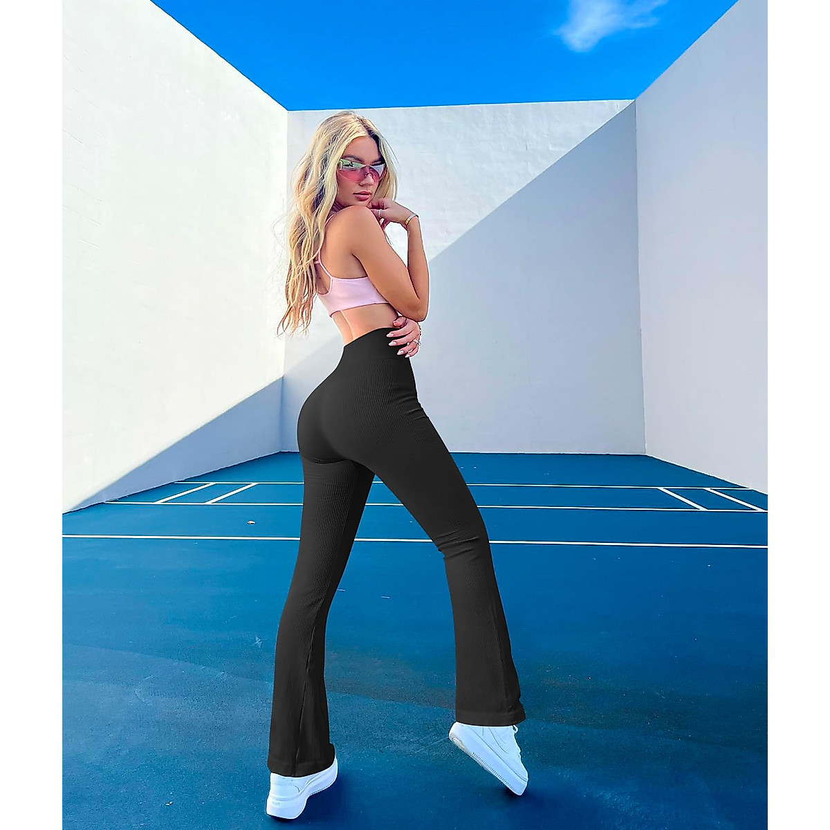 OQQ Women's 2 Piece Yoga Pants Ribbed Seamless Workout High Waist Bell Bottoms Flare Leggings Black Rose3