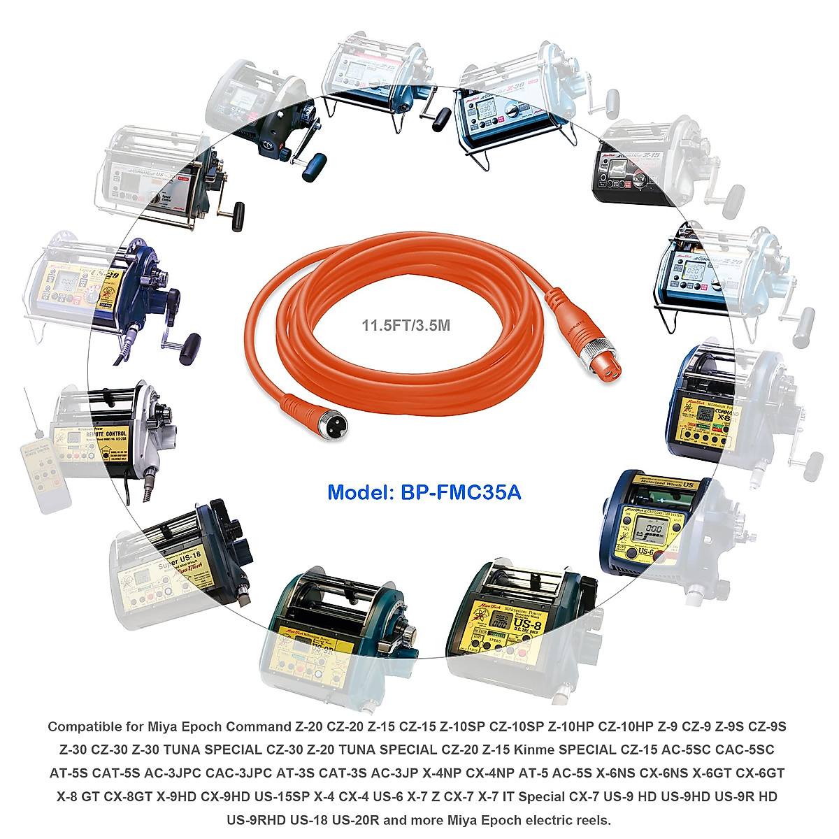 BatPower Prom 11.5FT Electric Reel Battery Power Cord for Miya Epoch Command CZ CAT CAC CX US Power Assist Reel Prom Electric Reel Battery BP-FM08B BP-FM16B Power Cable Air Cord 350CM