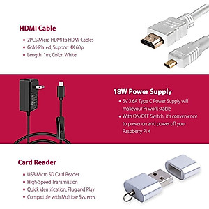 GeeekPi Starter Kit for Raspberry Pi 4 4GB, with Raspberry Pi 4, Case, 64GB Card, Card Reader, HDMI Cables and 18W USB C Power Supply