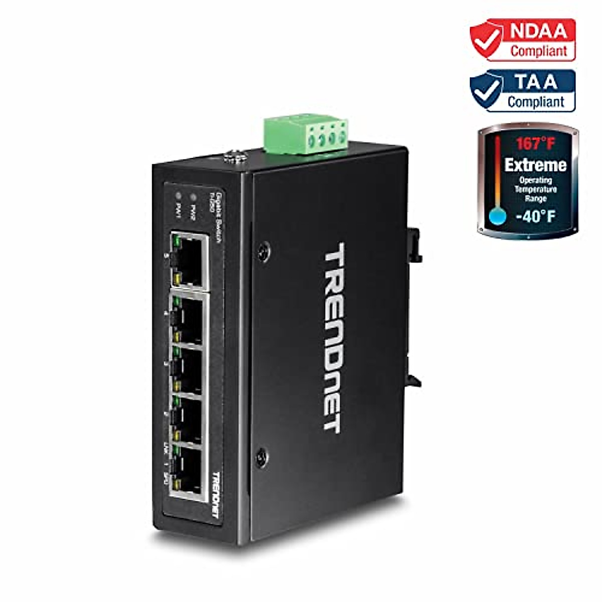 TRENDnet 5-Port Hardened Industrial Gigabit DIN-Rail Switch, 10 Gbps Switching Capacity, IP30 Rated Network Switch (-40 to 167 ºF), DIN-Rail and Wall Mounts Included, Lifetime Protection,Black,TI-G50