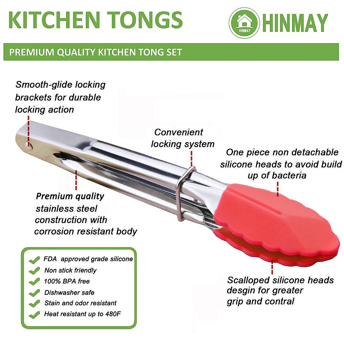 HINMAY Mini Tongs with Silicone Tips 7-Inch Serving Tongs, Set of 3 (Green Red Blue)