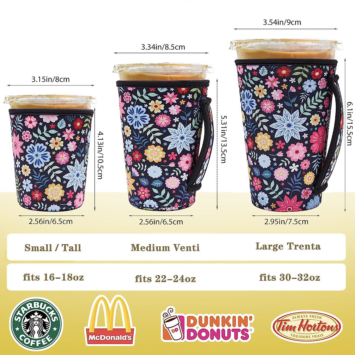 3 Pack Iced Coffee Sleeve Insulator Sleeves for Cold Drinks Beverages Reusable Neoprene Cup Sleeve with Handle Cup Holder for Starbucks Coffee, Dunkin Coffee, More (Black flower)