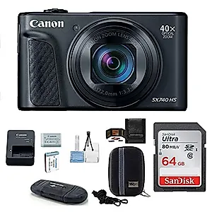 Canon PowerShot SX740 HS Digital Camera Bundle (64GB + Spare Battery Bundle, Black)