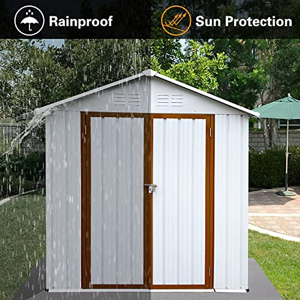 Metal Outdoor Storage Shed 6 x 4 FT, All Weather Metal Shed with Lockable Door, Tool Shed Outdoor Storage for Garden, Patio, Backyard, Lawn (White and Yellow)