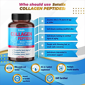 Collagen Peptides 16,780 mg with Biotin + Keratin, Vitamin C + Omega 3 - Radiant Skin, Healthy Joint, Nails - USA Made & Tested (150-day Supply)