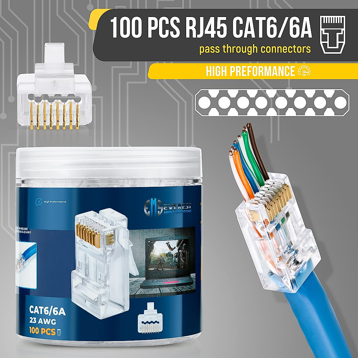 Everest Media Solutions RJ45 Cat6/6a Pass Through Connectors for a Thick 23 AWG Large Diameter UTP Network Cable, 100 Pcs | Insert Guides Included