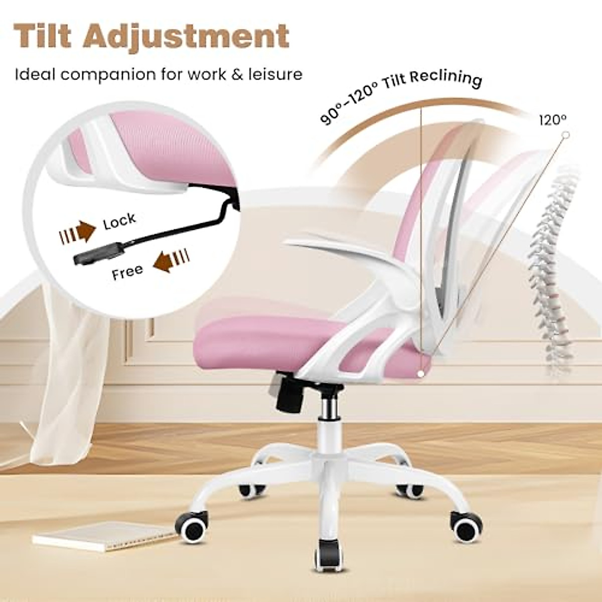 Razzor Office Chair, Ergonomic Computer Desk Chair with Lumbar Support, Breathable Mesh Rolling Swivel Task Chair with Flip-up Armrest and Adjustable Height for Home Office - Pink
