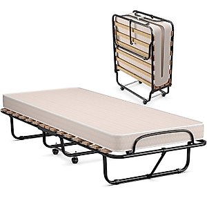 Giantex Folding Bed with Mattress - Single Cot Foldable Bed with 4" Mattress for Adults, 75" x 31" Portable Roll Away Guest Beds - Foldaway Temporary Beds for Guests, Made in Italy