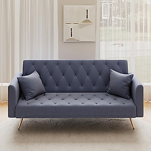 72"Modern Velvet Sofa Bed Futon,Convertible Folding Sleeper Bed Couches with 3 Adjustable Backrests,Tufted Recliner Loveseat with Golden Chrome Legs for Small Living Room Office (Dark Grey+pillows)