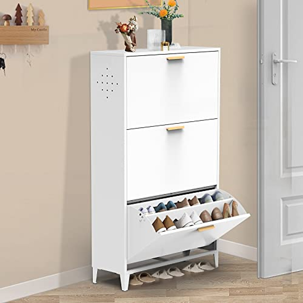 Metal Shoe Cabinet with 3 Flip Drawers, Wall Mounted & Upright Narrow Shoe Storage Organizer with Adjustable Shelf, Modern White Free Standing Shoe Cabinet for Entryway, Hallway, Holds 20 Pair Shoes