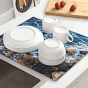 Sea Stones Printed Drying Mat For Kitchen Ultra Absorbent Microfiber Dishes Drainer Mats Non-Slip Silicone Quick Dry Pad - 18 X 16inch