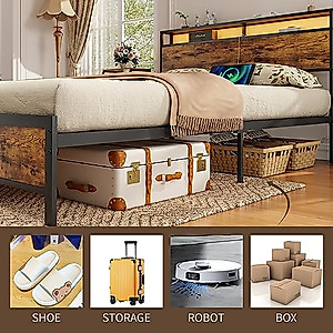 Modern Industrial Bed Frame with LED Lights,2-Tier Storage Headboard with Charging Station,Industrial Metal Platform LED Bed Frame with Outlets and USB Ports,Noise Free,No Box Spring Needed