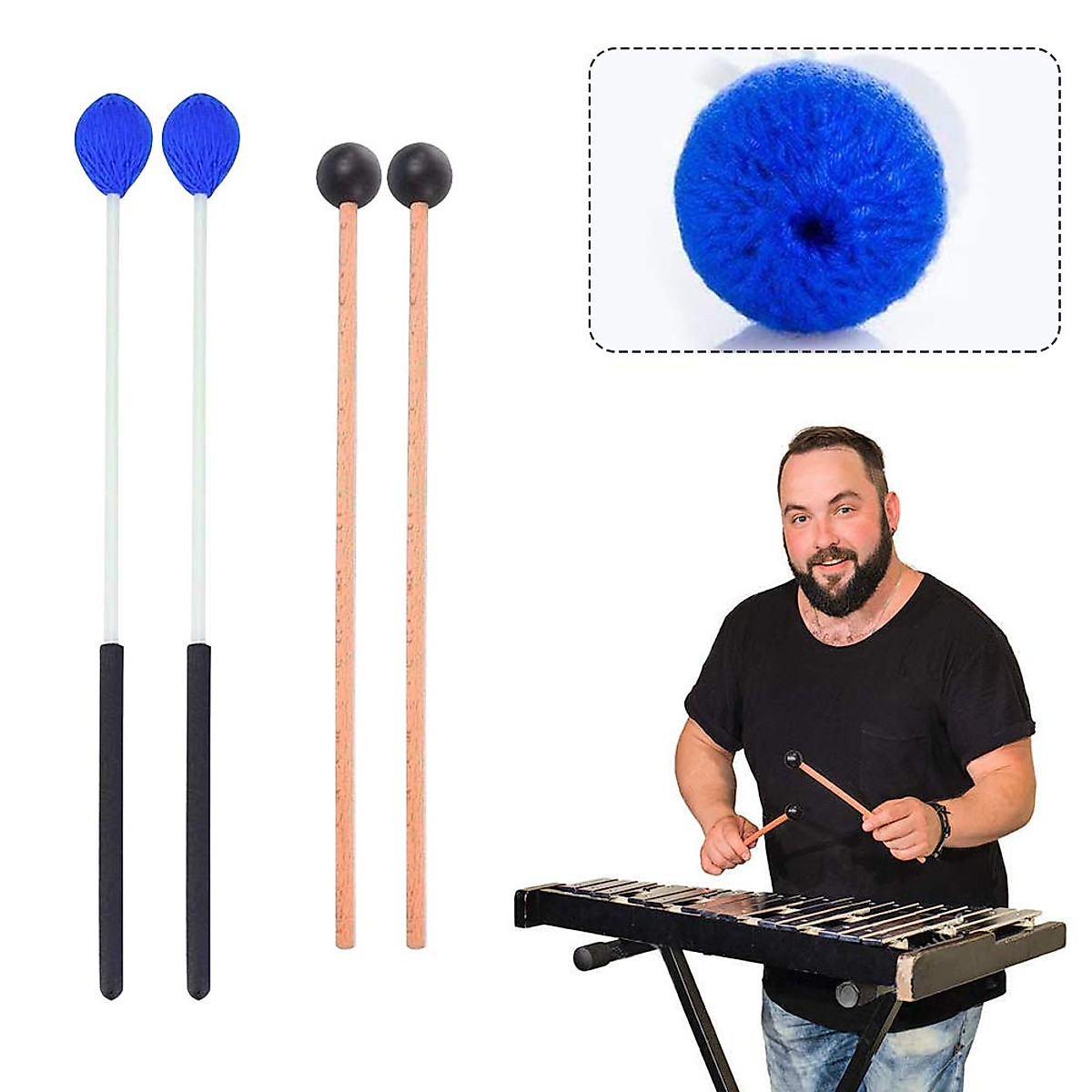 YZNlife Marimba Mallets Glockenspiel Sticks 1 Pair Medium Hard Yarn Head Marimba Mallets and 1 Pair Rubber Mallets Sticks for Percussion Bell Glockenspiel Marimba
