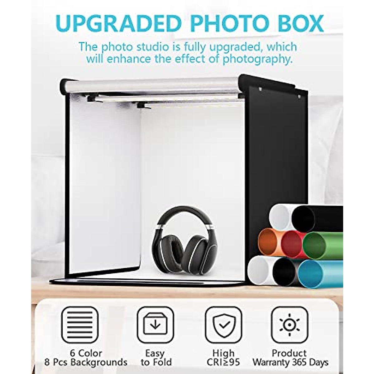 8 Pcs Backgrounds Photo Light Box, SAMTIAN Portable 16x16x16 Inches Photography Studio Light Box Shooting Tent Tabletop Photography Lighting Kit with Brightness Dimmer for Photography