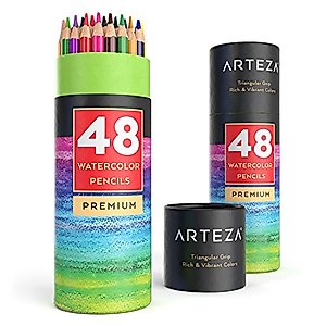 ARTEZA Watercolor Colored Pencils For Adult Coloring, Set of 48 Presharpened, Triangular-Shaped Drawing Pencils for Teens, Art Supplies for Sketching and Painting