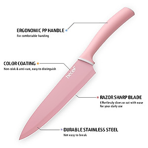 hecef Colorful Knife Set, 6 Pieces Kitchen Knife Set with Covers, Stainless Steel Colour Coded Non-Stick Cooking Knife Set Including Paring, Utility, Bread, Carving, Santoku & Chef Knife