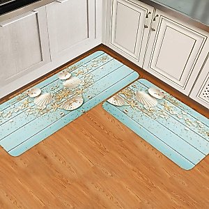 Kitchen Rug Set 2 Pieces Beach Cushioned Kitchen Floor Mats Comfort Soft Standing Doormat, Non Slip Rugs and Runner Coastal Seashell Starfish Blue Wood Board