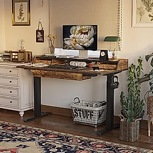 FEZIBO Electric Standing Desk, 55 x 24 Inches Height Adjustable Table, Ergonomic Home Office Furniture with 3 Drawers, Black Frame/Rustic Brown Top