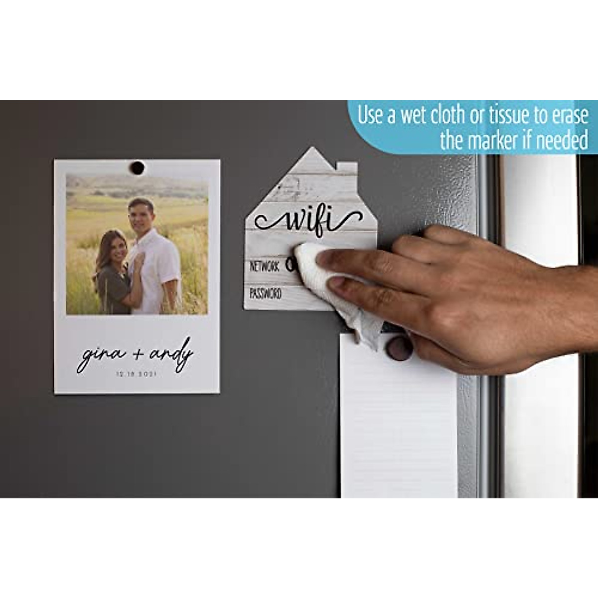 Rustic White WiFi Password Sign, Rustic Farmhouse Fridge Magnet, WiFi Password Sign for Home with Black Wet Erasable Pen, Magnetic White WiFi Sign for Guests, Fridge Magnet Decor, 4.0 x 5.0 inch